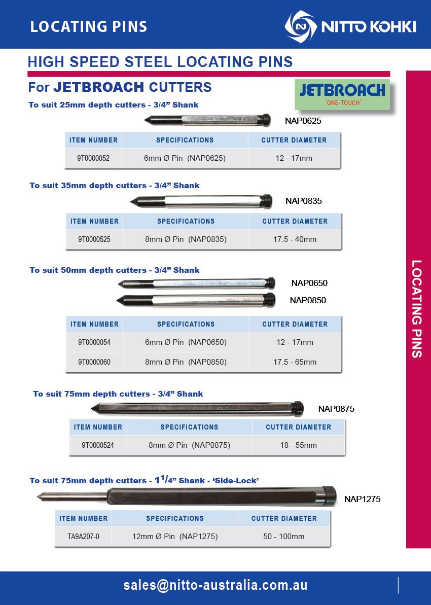 STEEL LOCATING PINS FOR HIBROACH & JETBROACH CUTTERS